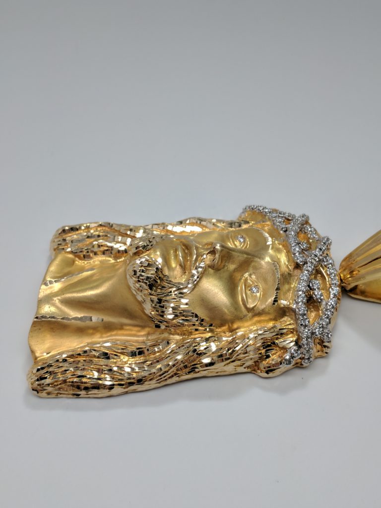 14K Gold Jesus Christ Pendant with Pave Diamond Crown of Thorns