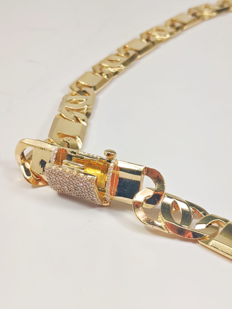 14K Yellow Gold Thick Tiger Eye Chain | Fancy Diamond Pave Lock